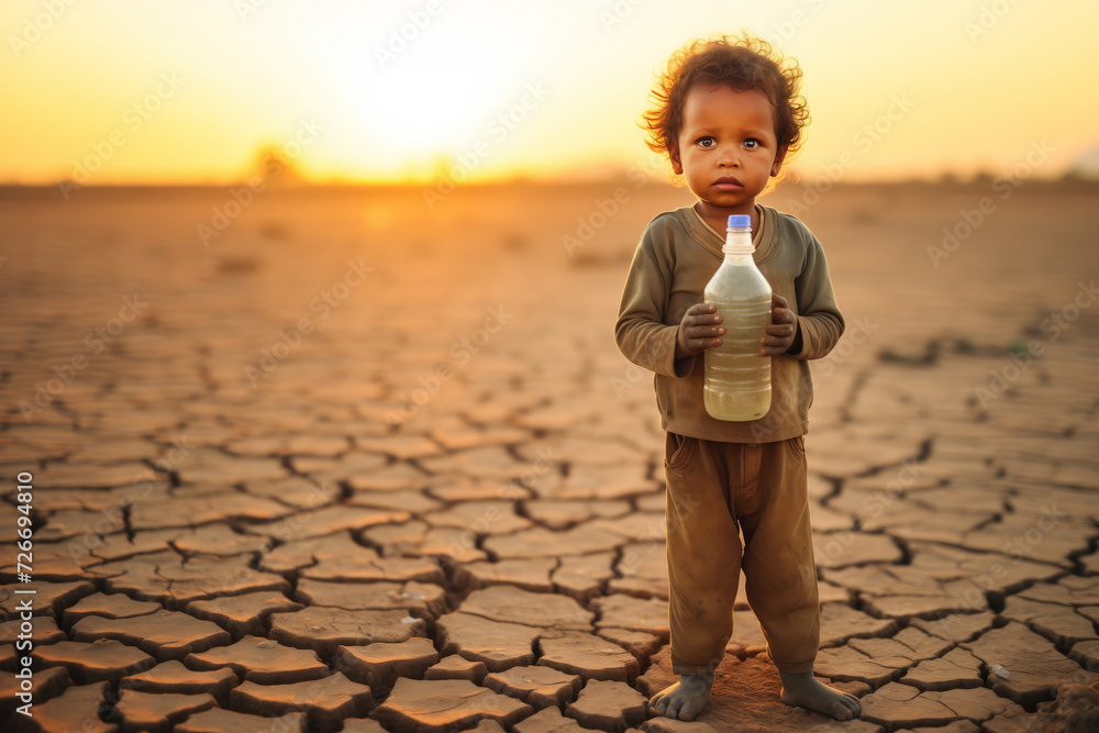Child boy hold empty bottle against background of cracked earth, people death from thirst ...