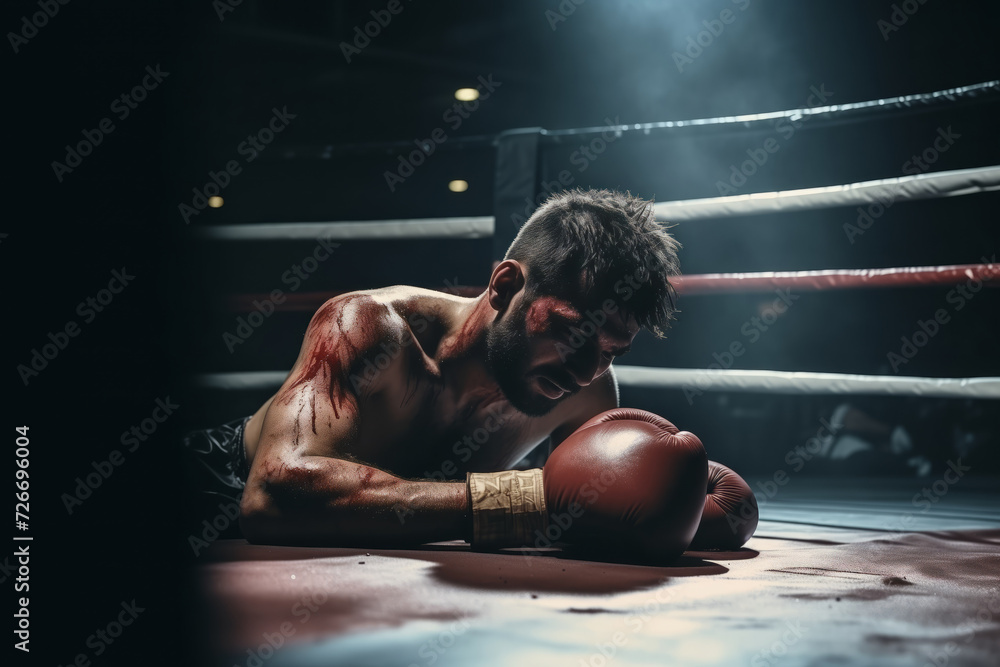 Defeated male boxer sitting on mat in ring, reflecting on loss Stock ...