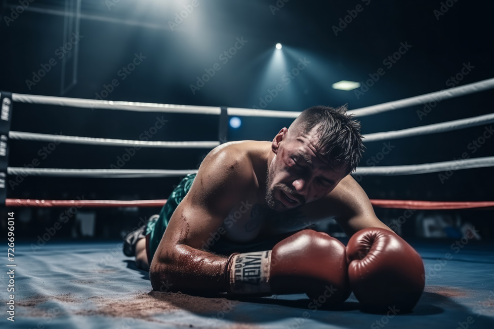 Defeated male boxer sitting on mat in ring, reflecting on loss Stock ...
