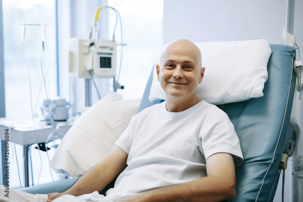 Cancer patient Bald man smiling in hospital bed, drip stand in ...