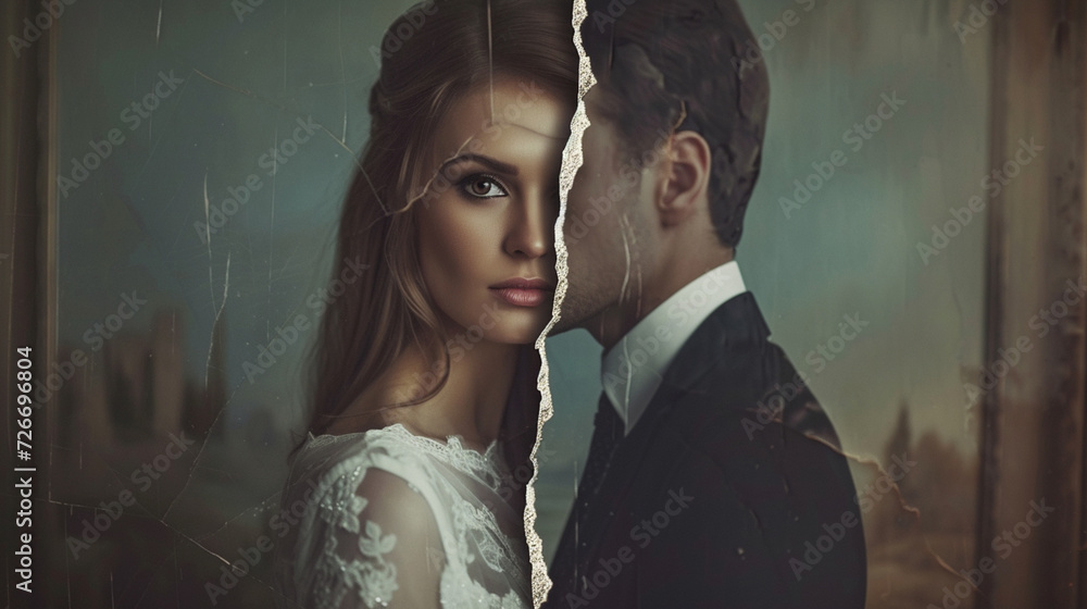 Split Photograph: An actual photograph of the couple, neatly torn or ...