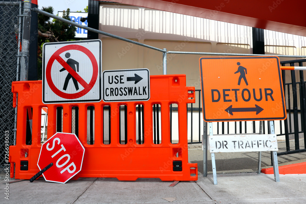Sidewalk Closed signs for works. Stop and Detour signs Stock Photo ...