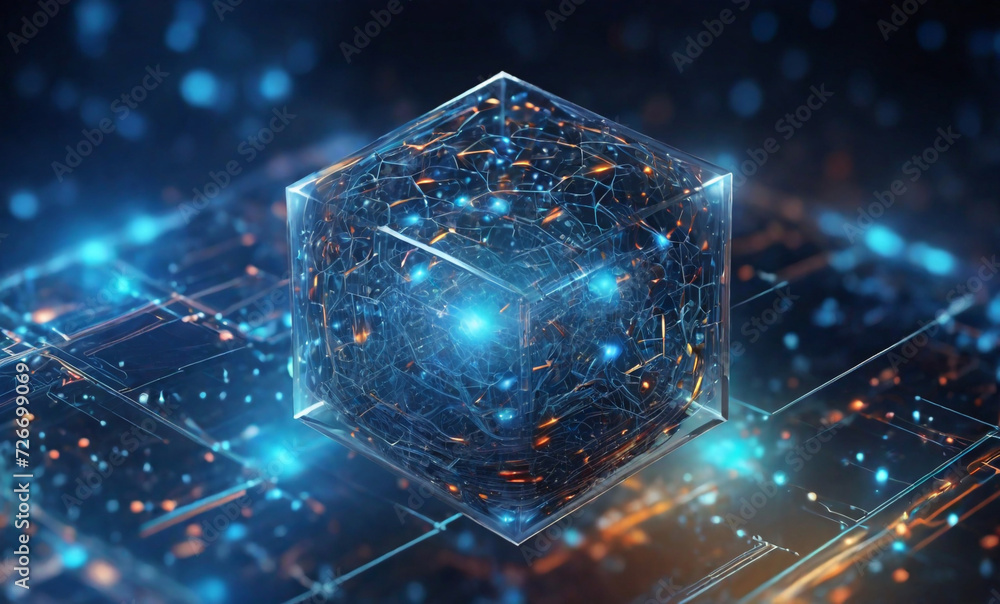 blue glowing lights, tum processing. Deep learning of artificial ...