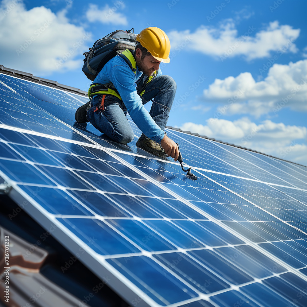 A solar technician installs and inspection the solar panels at roof top ...