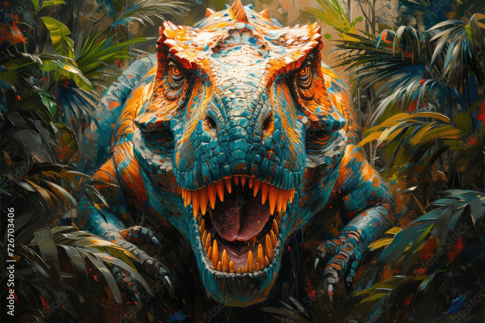 A fearsome T-Rex dinosaur roars to life amidst the dense jungle, its ...