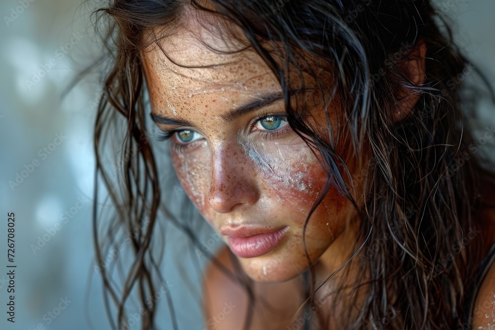 A young woman with a skin condition. Redness and peeling of the skin of ...