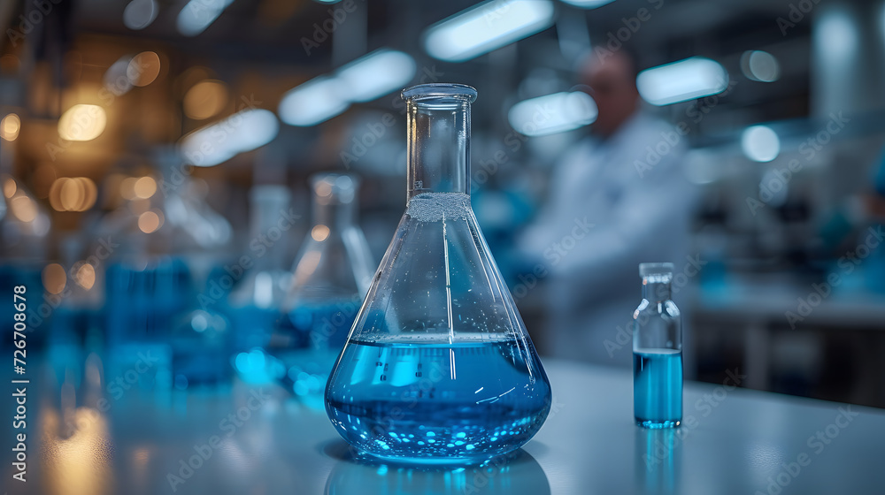 Experiment with blue chemical reagent filled with lab equipment, back ...