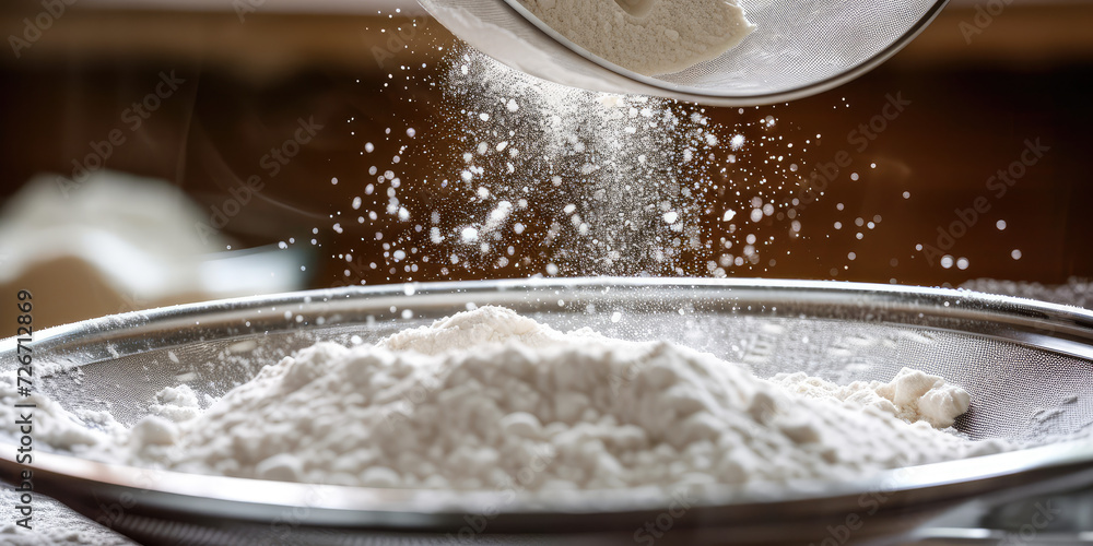 Sifting Flour Through a Fine Mesh Sieve. Close-up of flour being sifted ...