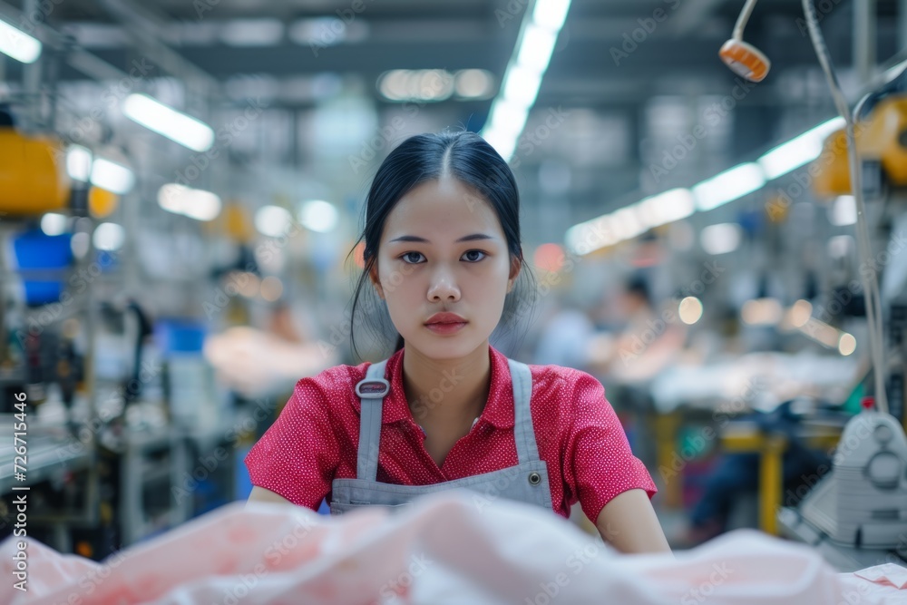 Symmetrical Photo Of An Asian Woman In A Garment Factory: Illuminating ...