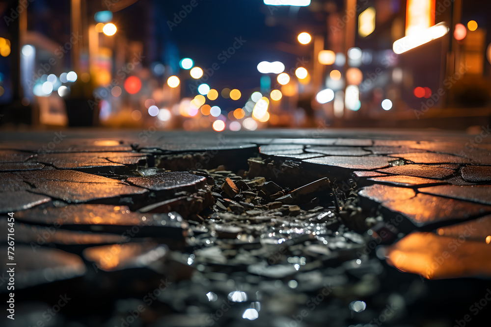 Road with long crack showing earthquake damage effects , blurry ...