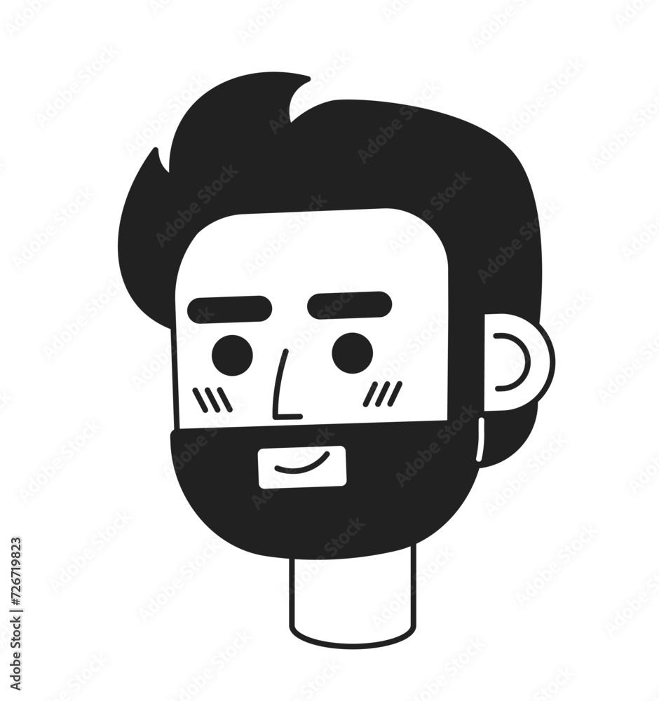 Confident bearded man smiling black and white 2D vector avatar ...