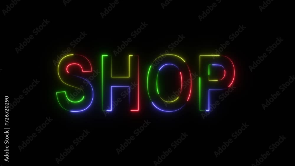 Blue neon "shop, online shop, buy" sign with flicker on a transparent ...