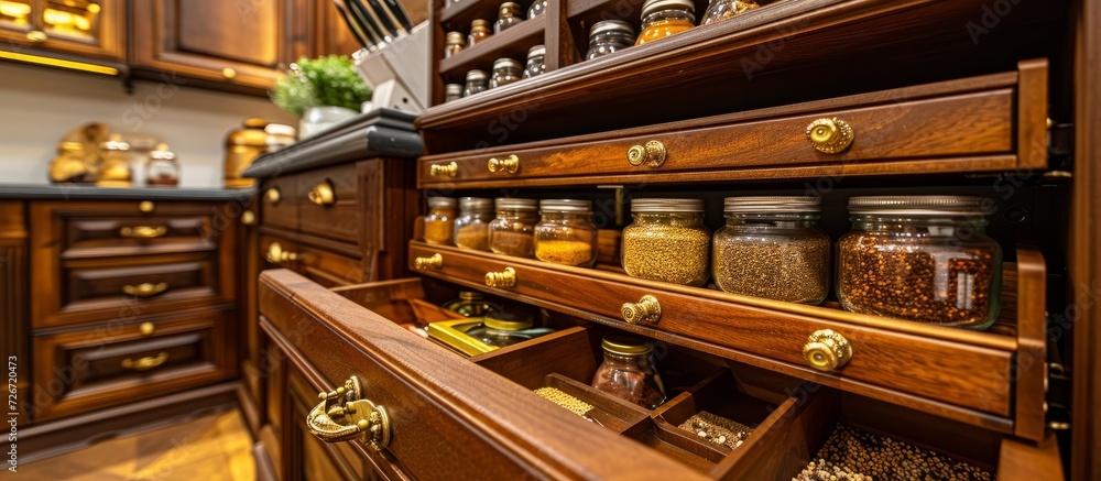 Spice rack cabinet with vertical drawers, spices shelf, wooden panel ...