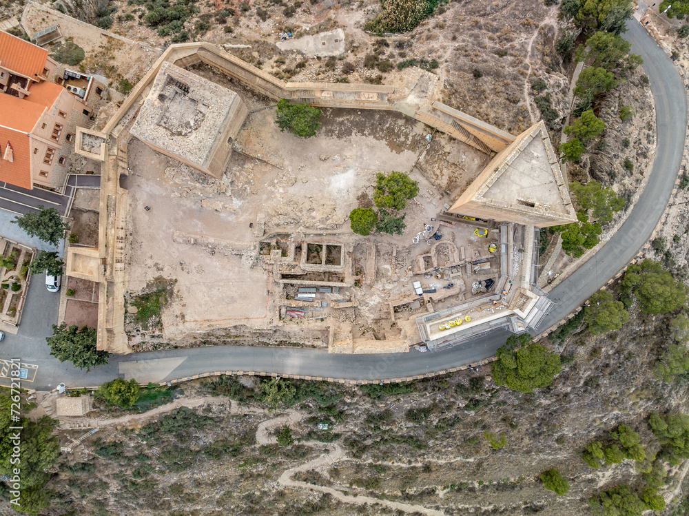 Aerial view of Mola castle built by the Arabs, pentagonal shape with ...