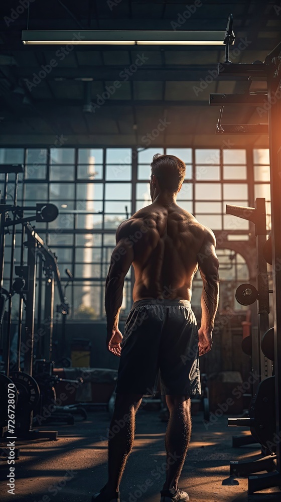 A focused, fit man lifts weights in a gym, showcasing strength and ...