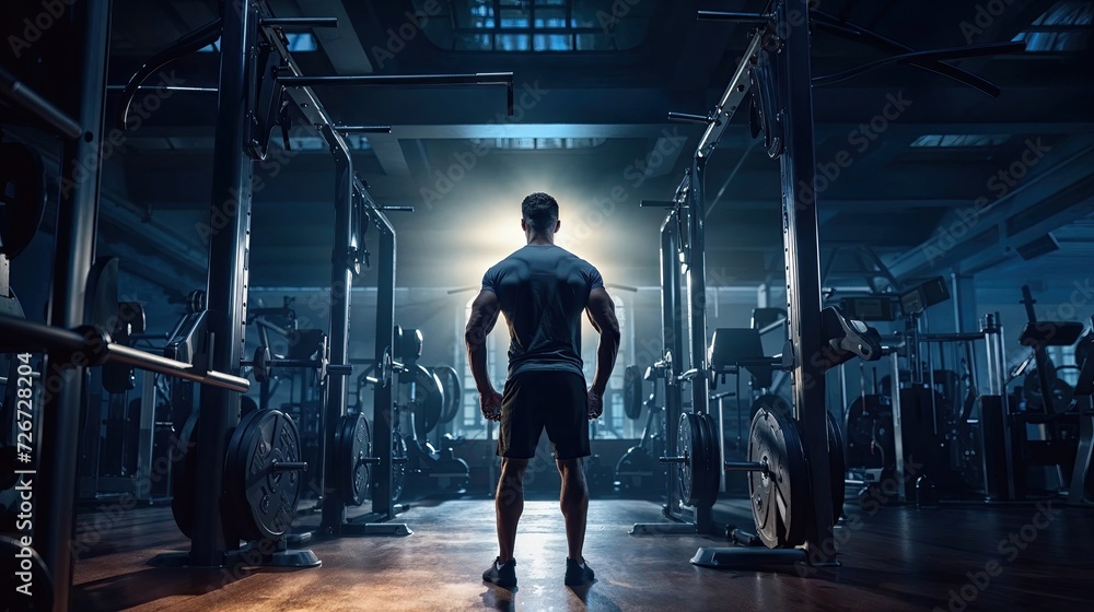 A focused, fit man lifts weights in a gym, showcasing strength and ...
