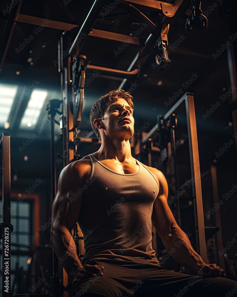 A focused, fit man lifts weights in a gym, showcasing strength and ...