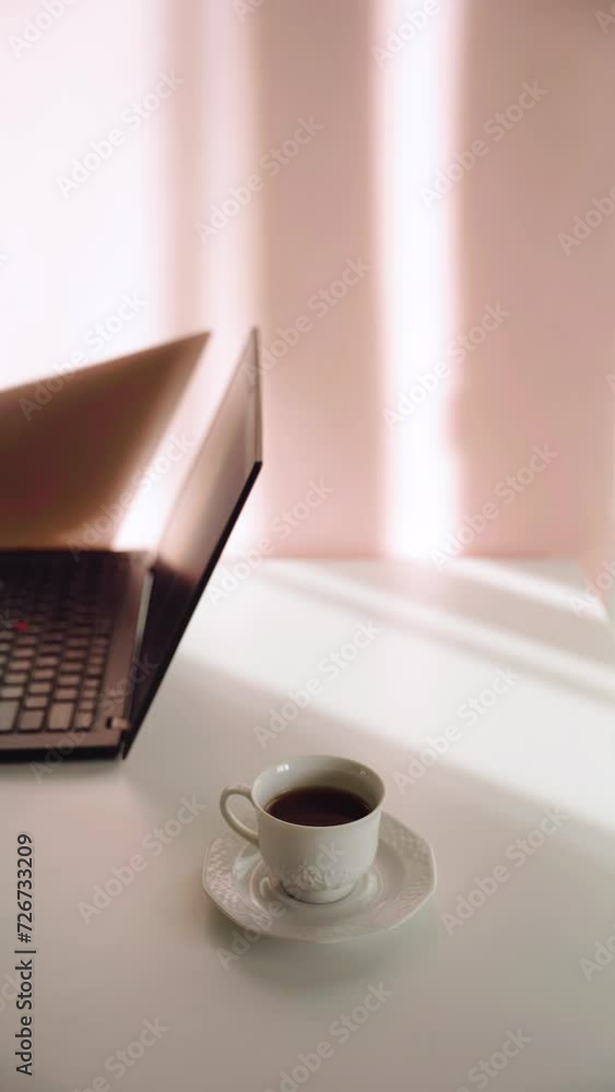Women business aesthetic still life with computer and coffee, pastel ...