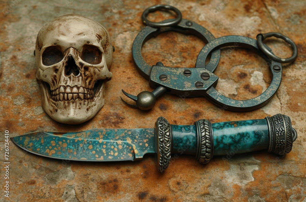 A menacing melee weapon, its cold blade glinting in the light, lays ...