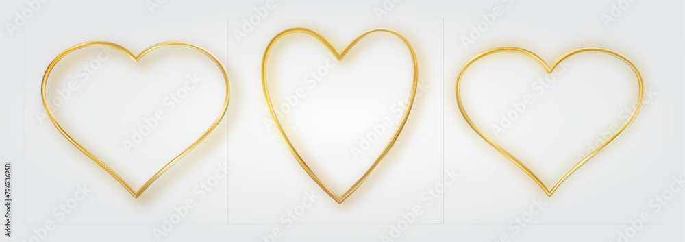 Thin gold heart frame set. Golden realistic heart border. Luxury symbol ...