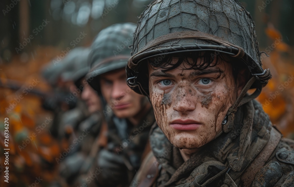 A group of determined soldiers stand together, their faces stoic and ...