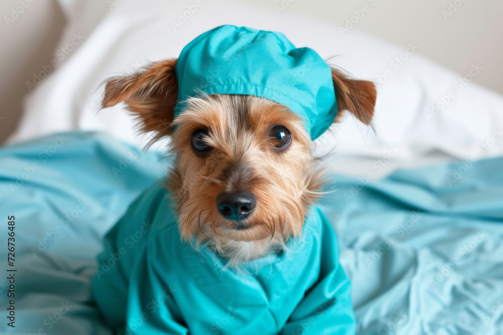 dog in examination room. small dog wearing surgical outfit in a ...