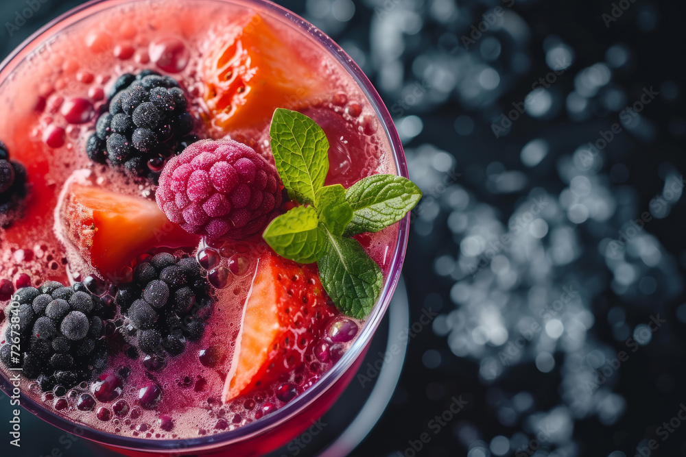 fruit cocktail, fruit juice vitamin. Sliced organic fruits and berries ...