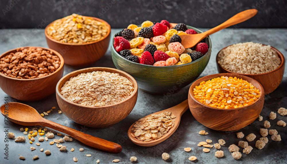 Top view of some bowls with different types of cereals inside. The ...
