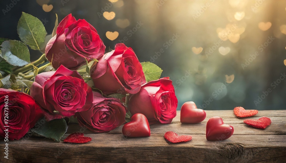 Bouquet de roses rouges et coeurs rouges en chocolat, image romantique ...
