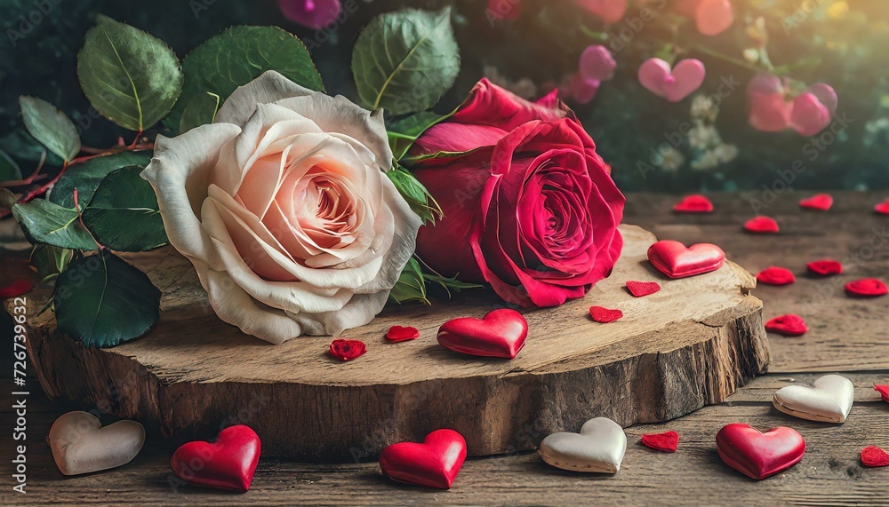 Bouquet de roses rouges et blanches et coeurs rouges en chocolat, image ...