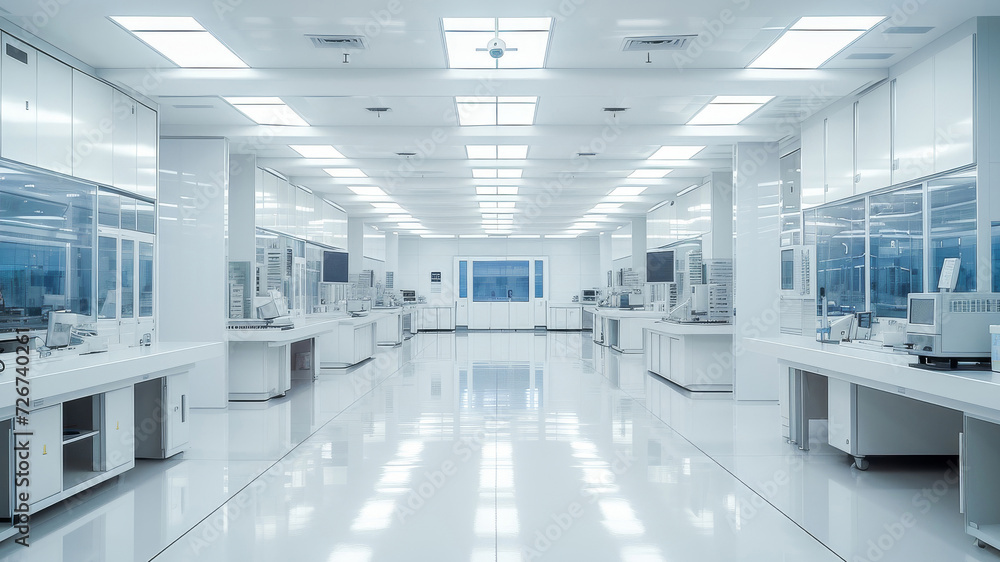 Spacious and modern laboratory with clean white surfaces, state-of-the ...
