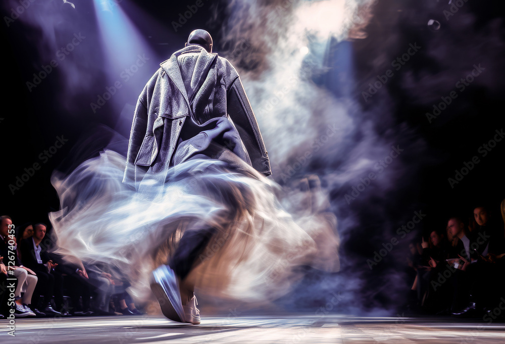 A model elegantly walks down the runway at a fashion show with a ...