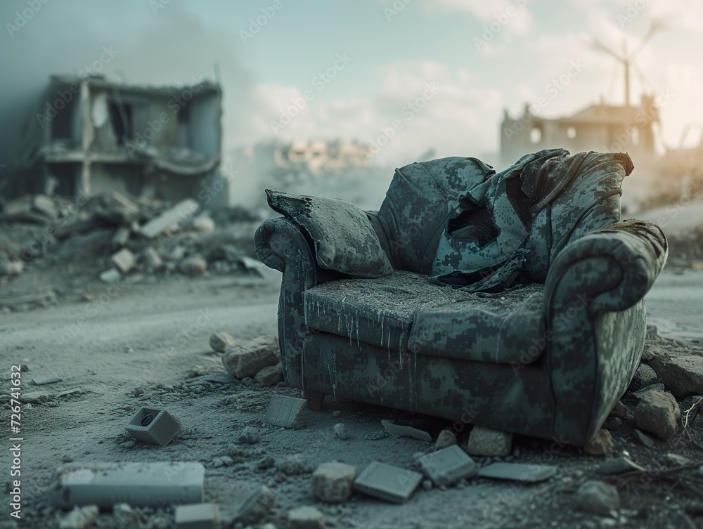 A worn and torn sofa in a war horror setting. Sofa as silent witness to ...