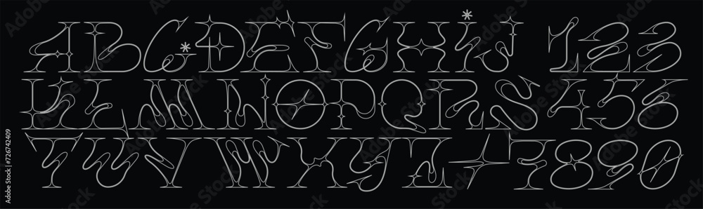 Y2k girly gothic alphabet with star shapes. Acid font . Trendy number ...