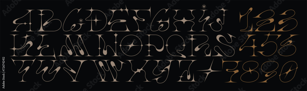 Y2k liquid font. Gothic alphabet with star shapes. Acid form . Trendy ...