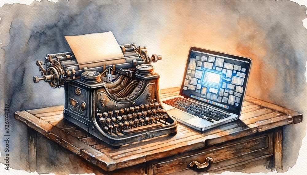 Watercolor painting of an antique typewriter and modern laptop on a ...