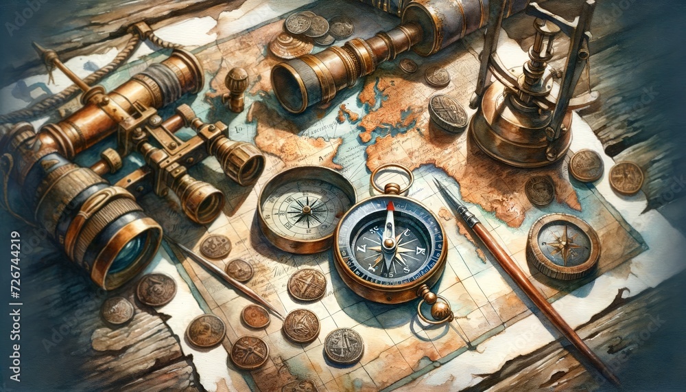 Watercolor painting of a vintage compass on an ancient map with old ...