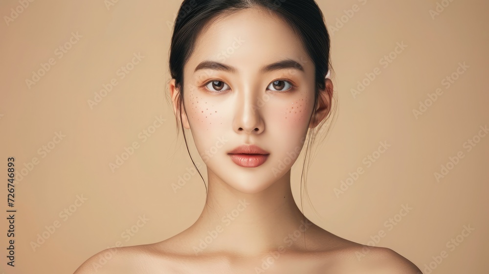 Beautiful young asian woman with clean fresh skin on beige background ...