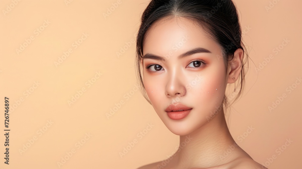 Beautiful young asian woman with clean fresh skin on beige background ...