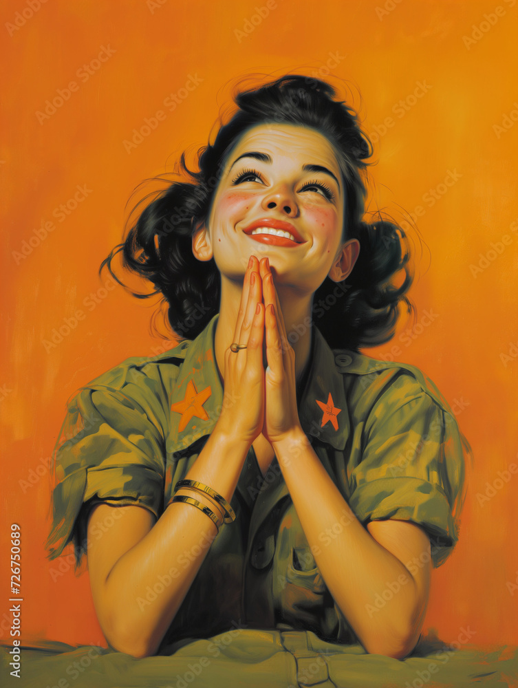 A propaganda-style poster featuring a gently smiling woman in military ...