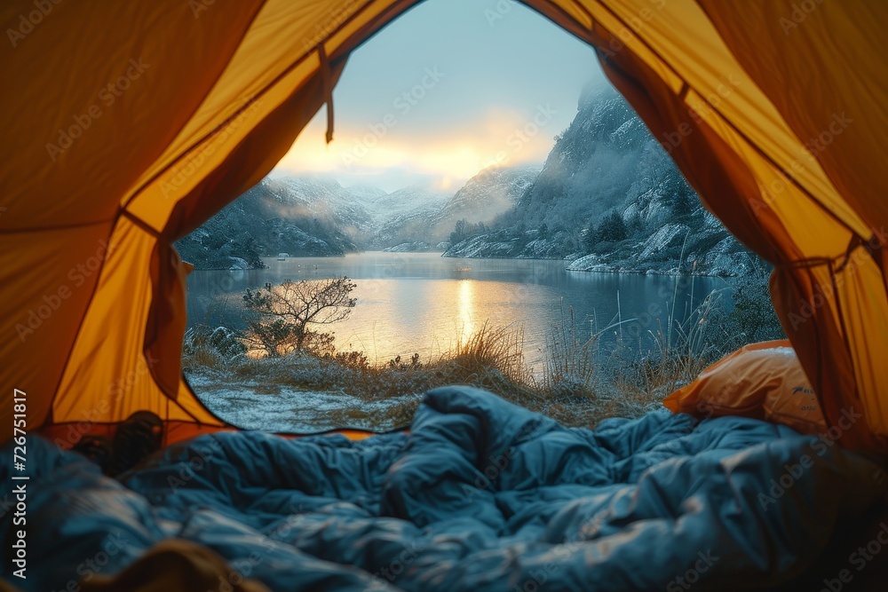 Amidst the rugged wilderness, a humble tent stands tall against the ...