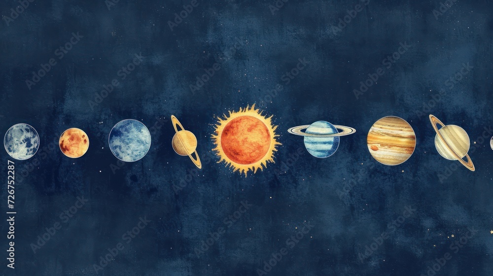 a drawing of a solar system with eight planets in the middle of the ...