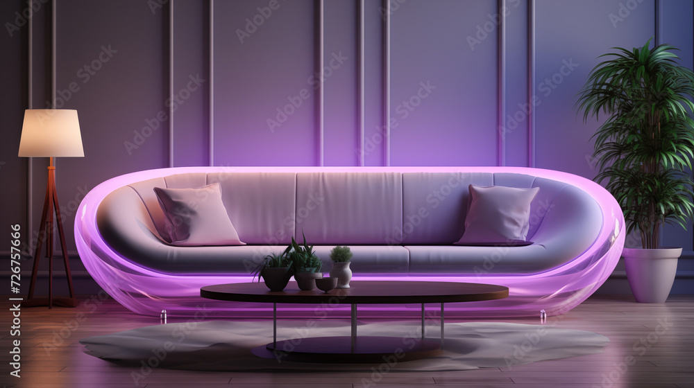 Purple neon glowing couch livingroom background image. Smart home ...