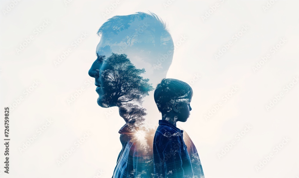 Silhouetted profiles of adult and child overlaid with forest imagery ...
