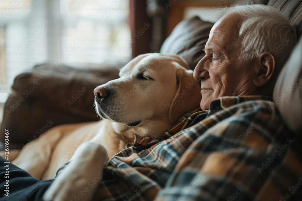 Old pensioner sleeping with his dog on his lap. Retired man sleeping ...