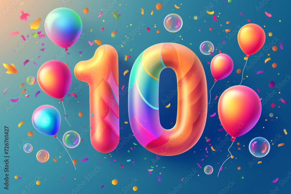 Figure 10 made of balloons on color background. color numbers 10 ten ...