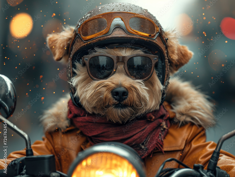 Dog Wearing Helmet and Goggles on Motorcycle. A dog confidently wears a ...