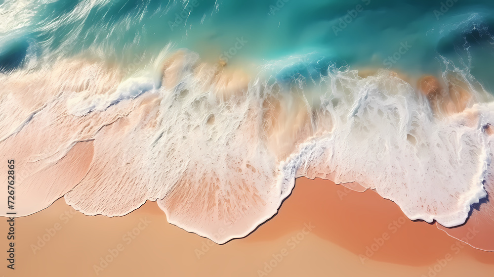 Sandy beach with light blue transparent water waves and sunlight ...