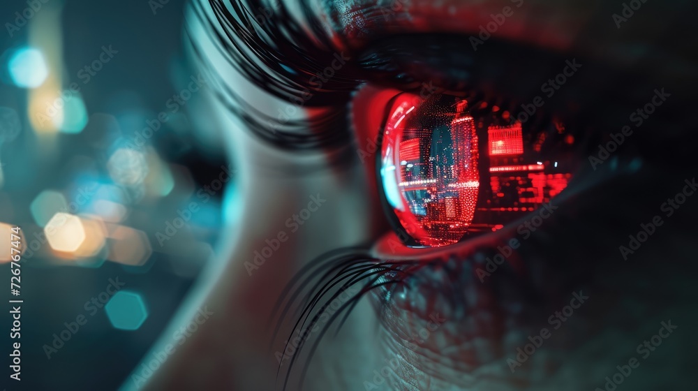 Bionic eye of the future with a red display showing augmented reality ...