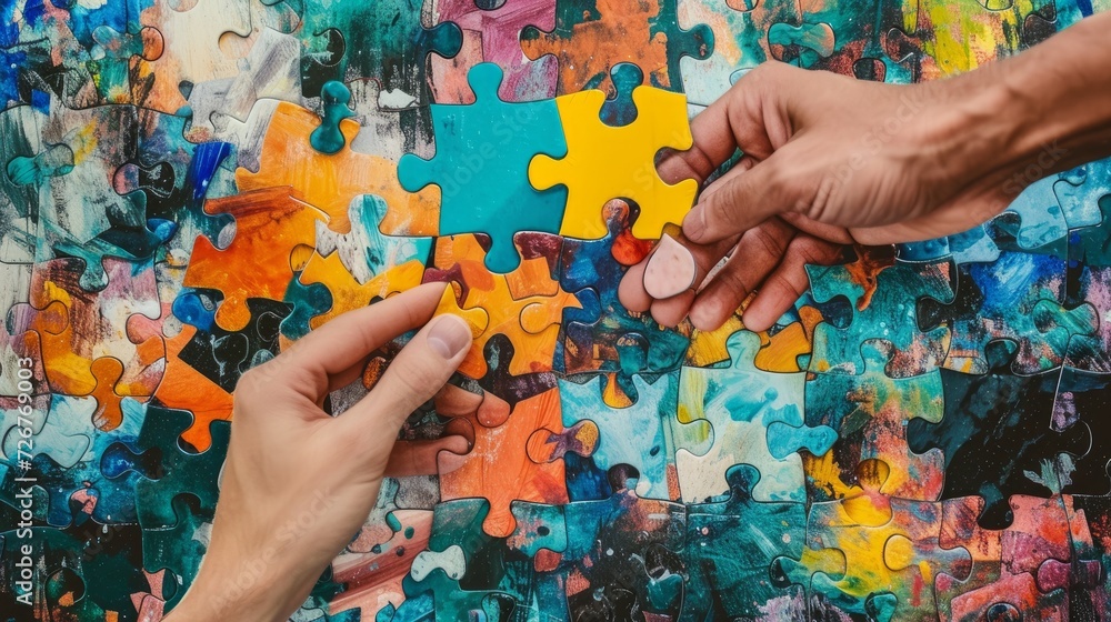 Hands combine puzzle pieces. Art collage Stock Illustration | Adobe Stock